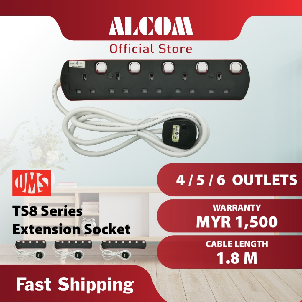 UMS TS8 Series Extension Plug Socket with 4, 5, 6 Gang, 1.8m, Surge ...