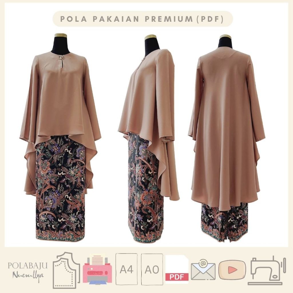 PRINTABLE SEWING PATTERN (PDF) : JOM JAHIT BAJU KURUNG QASEH (FISHTAIL ...