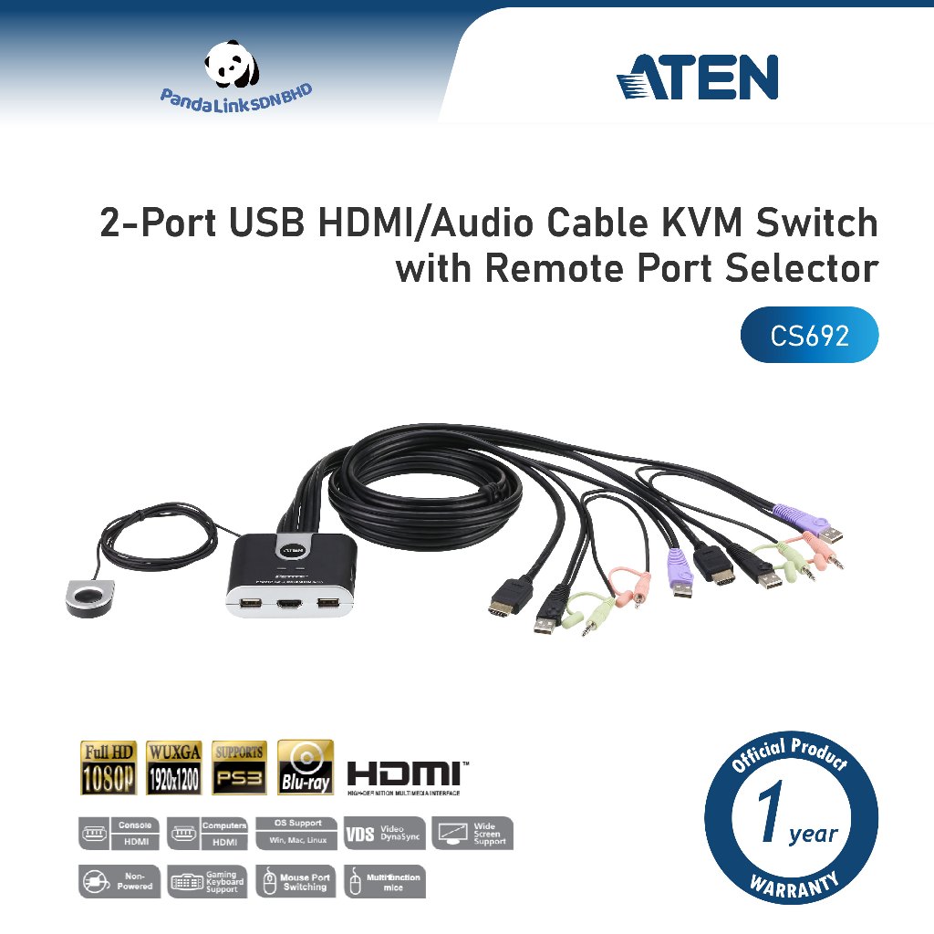ATEN CS692 2-Port USB HDMI/Audio Cable KVM Switch with Remote Port ...