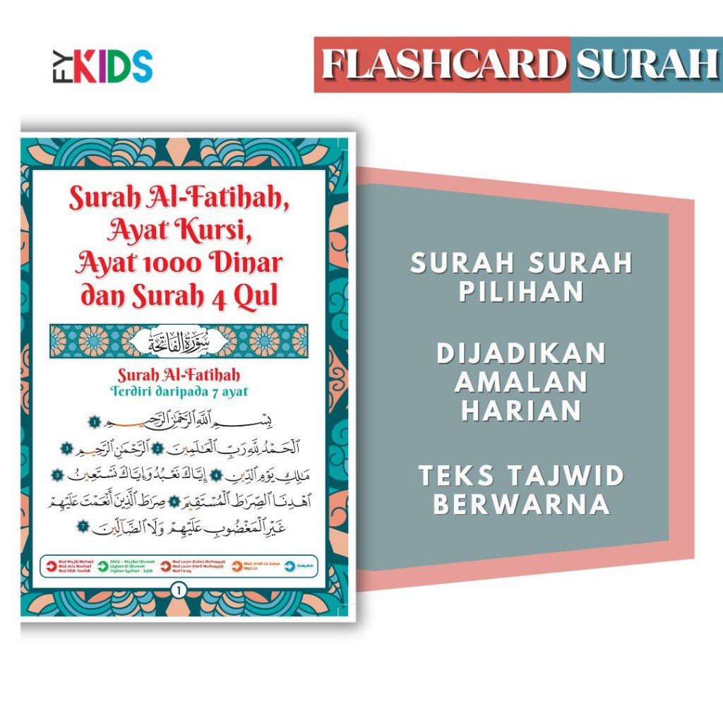 FYKIDS - FLASH CARD SURAH AL-FATIHAH AYAT KURSI AYAT 1000 DINAR SURAH 4 ...