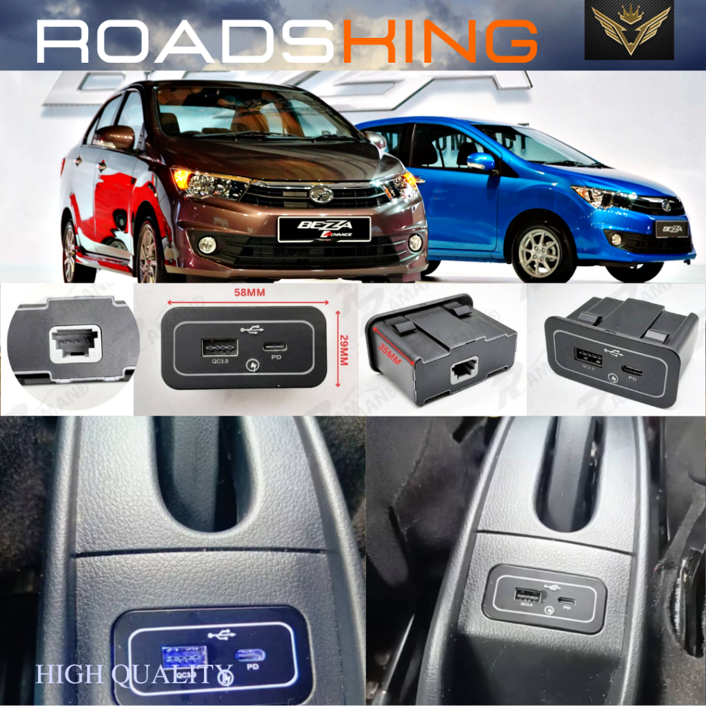 PERODUA BEZZA ARM REST PD TYPE-C USB FAST CHARGER DUAL PORT QC 3.0 2.4A ...