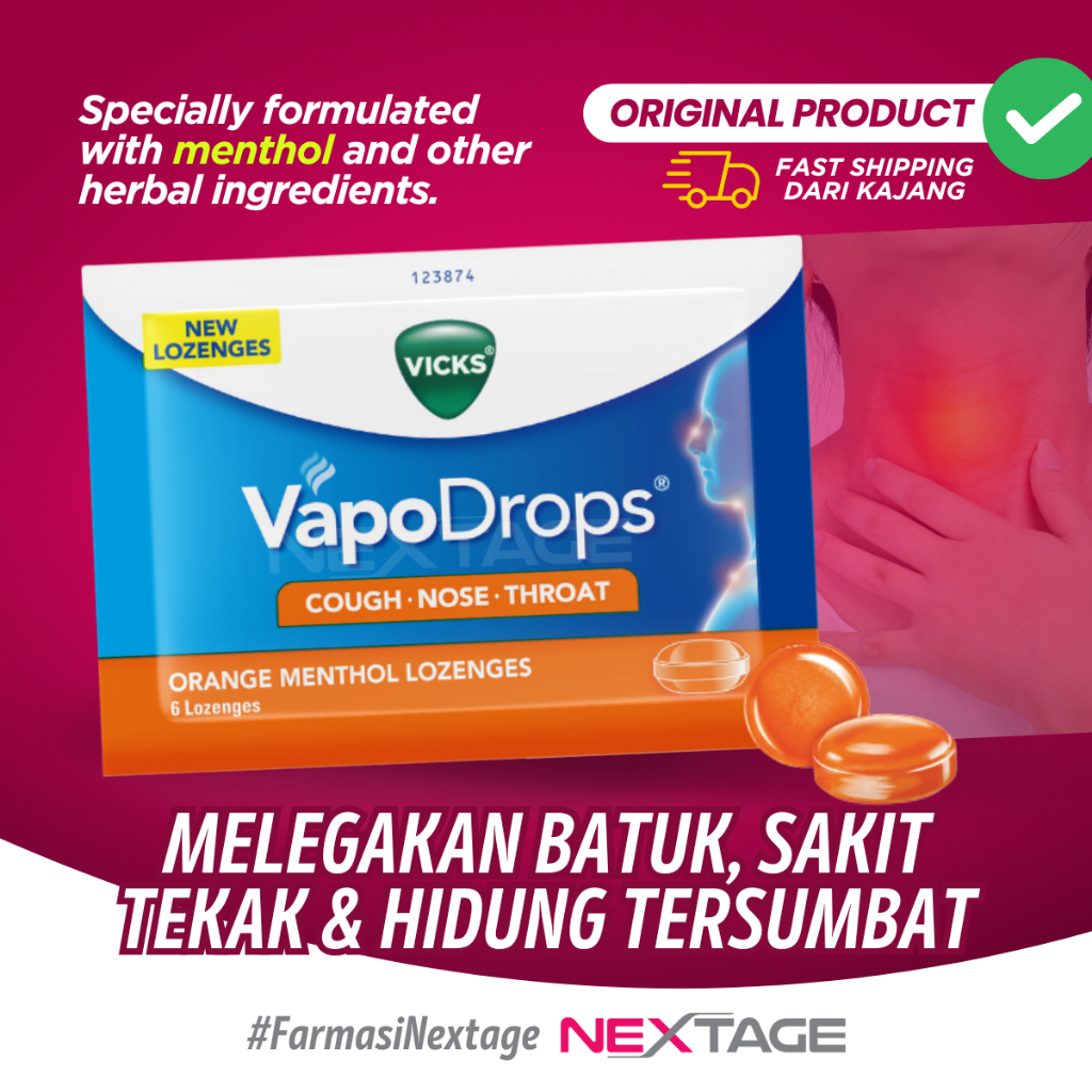 Vicks Vapodrops Orange 6S gula lozenge sakit tekak batuk hidung tersumbat herba menthol ...