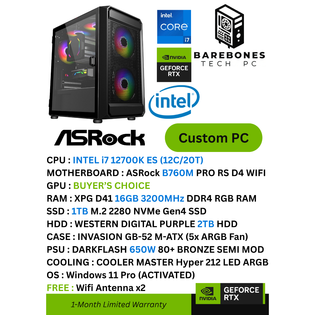 INTEL i7 12700K|B760M|16GB RAM|1TB M.2|2TB HDD|GT 710|WIFI Gaming ...