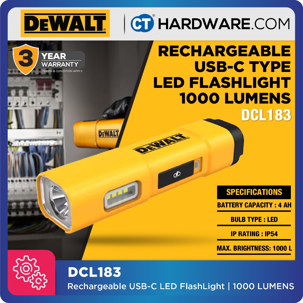 DEWALT DCL183 RECHARGEABLE USB-C TYPE LED FLASHLIGHT 1000 | LUMENS ...