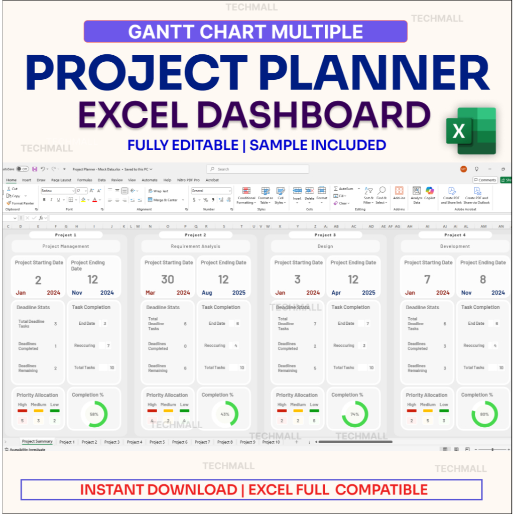 Project Planner Gantt Chart Excel Template | Multi Project Tracker ...