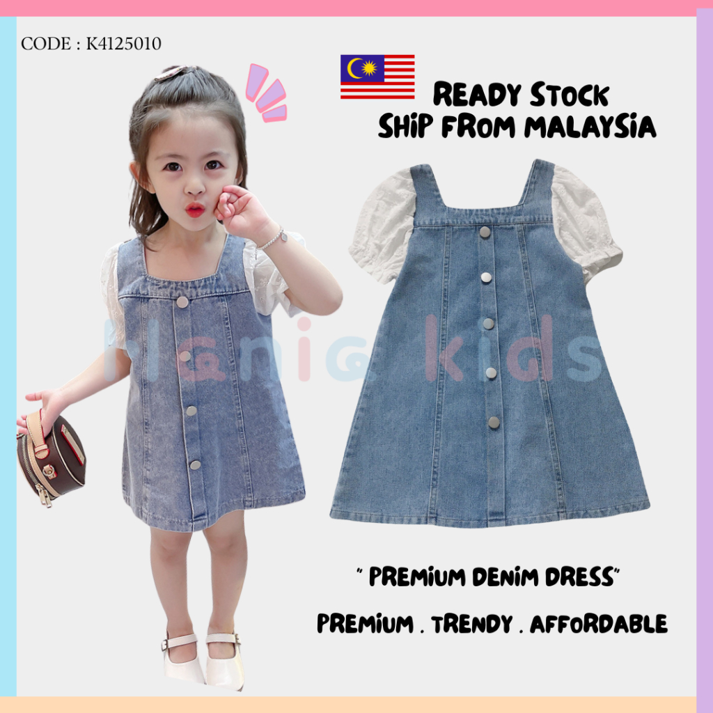 Hania Gaun Budak Perempuan Kain Denim Premium dengan Lengan Puff 2-7 ...