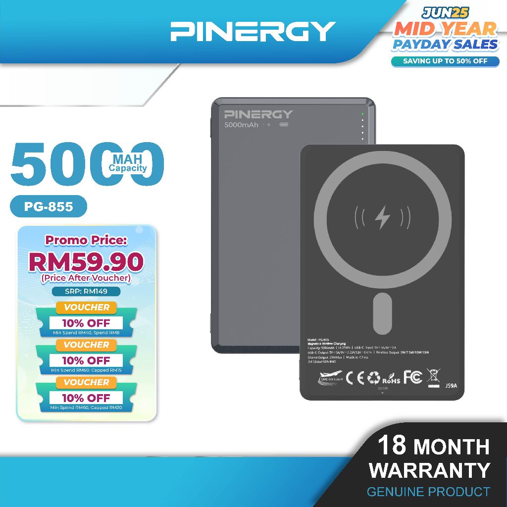 PINERGY PG-855 Thin and Light Slim Magnet Magnetic Wireless 15W Fast Charge PD20W Powerbank ...
