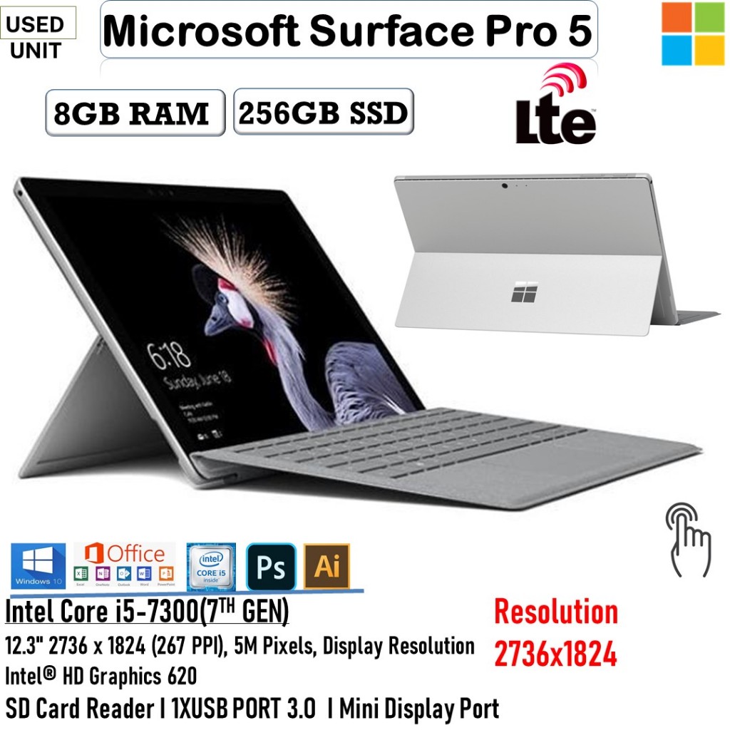 Microsoft Surface Pro 5 LTE Intel Core i5-7th Gen 8GB RAM 256GB SSD 12. ...