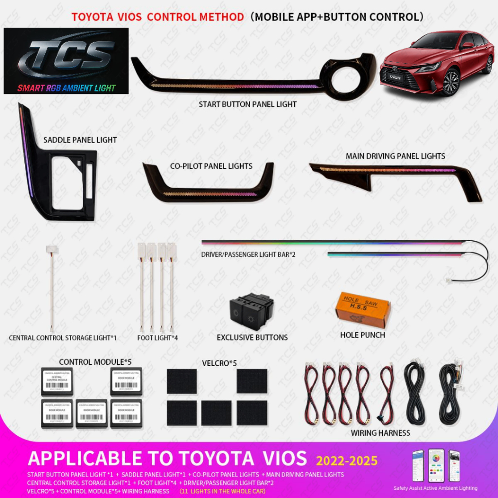TCS NEW TOYOTA VIOS AC100 2023-2026 CAR TCS SMART RGB AMBIENT LIGHT LED ...