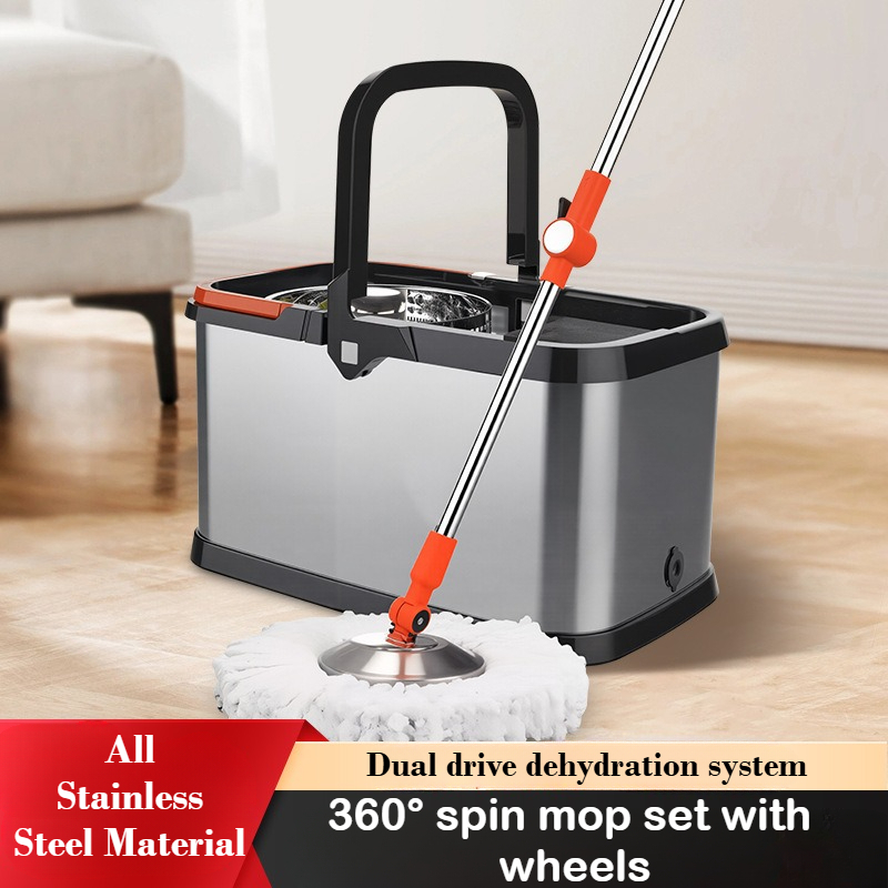 360° Stainless Steel Spin Mop Set with Wheels Dual Spinner Dehydration ...
