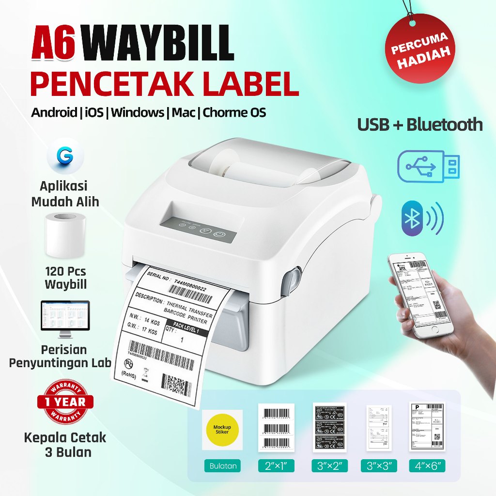A6 Thermal Printer USB & Bluetooth – Print Waybills, Shipping Labels, Barcodes, AWB Stickers ...