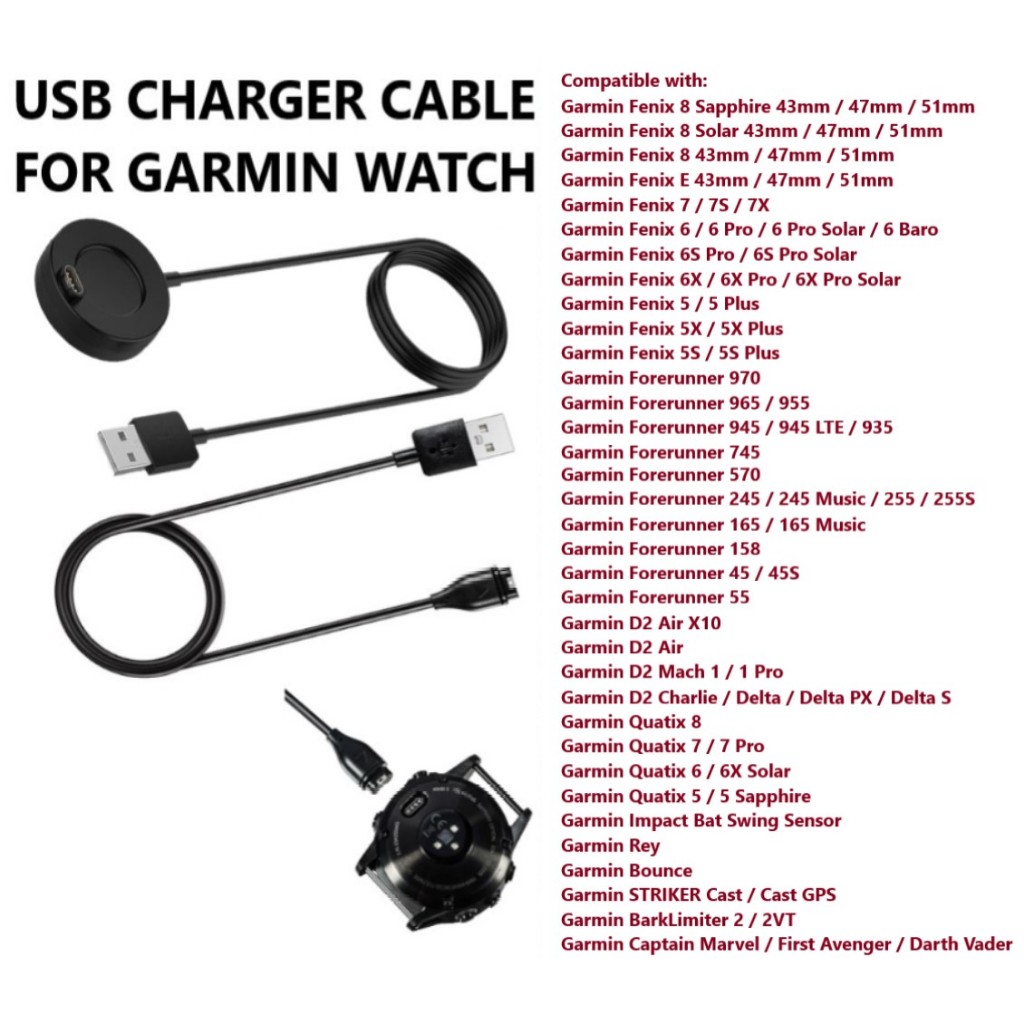 Ready Stock] USB Charger Cable - Garmin Fenix 8 7 6 5 Forerunner 970 ...
