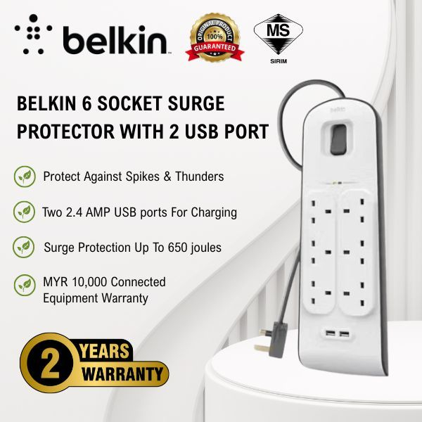 Belkin 6 Socket BSV604SA2M 2M Surge Protector with 2 USB Port | Power ...