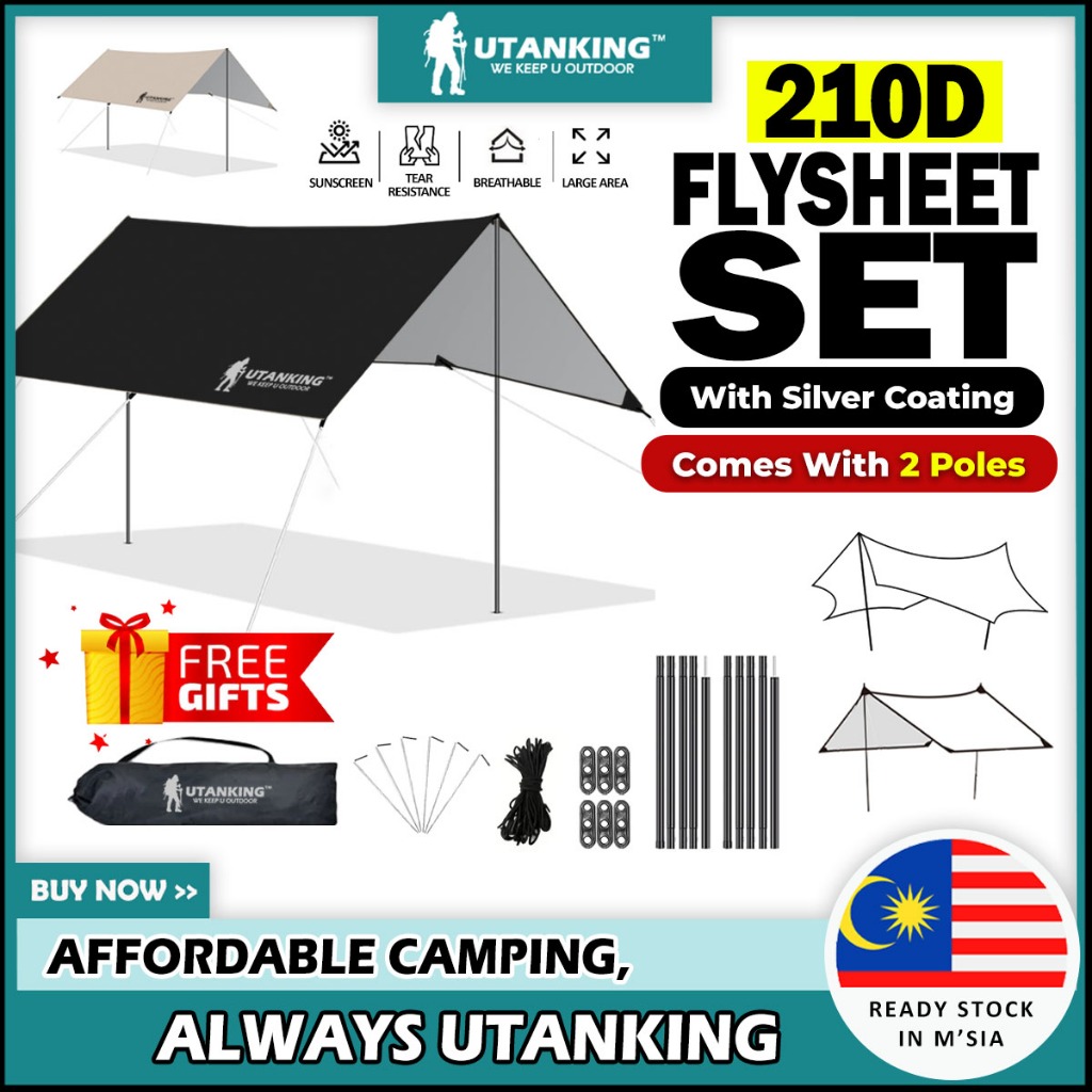 UtanKing™ Flysheet Set with Pole & Rope Camping Tarp Awning Canopy Tent ...