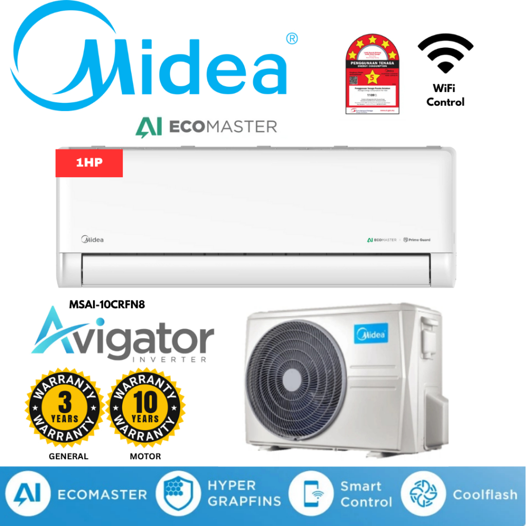 Midea Inverter Air Cond Avigator MSAI SESIES 10/13/19/25CRFN8 5 Star ...