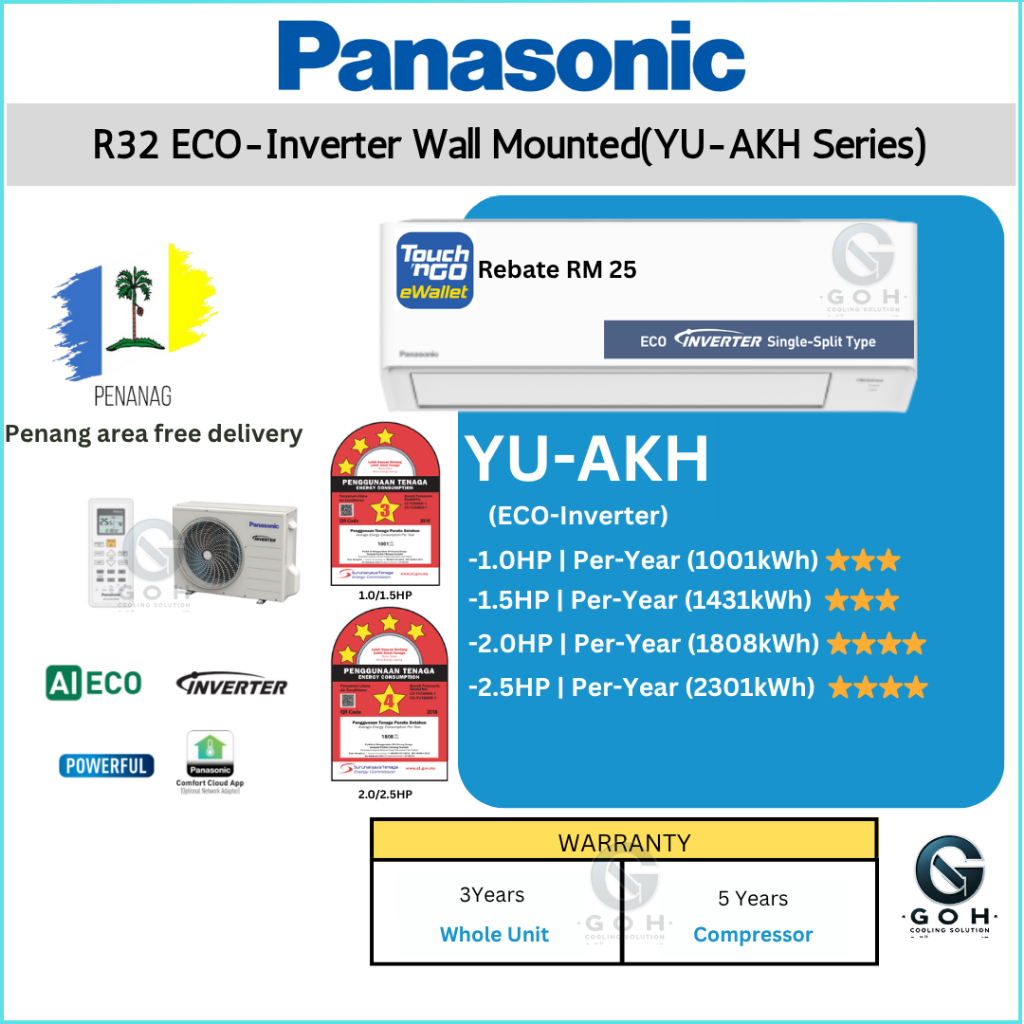 Panasonic R32 Resident Eco Inverter Air-conditioner Aircond 1.0HP - 2.5HP (YU-AKH series) [Free ...