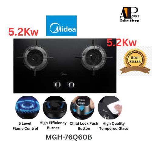 Midea MGH-76Q60B 2 Burner Built-In Glass Cooker Gas Hob (5.2kW) MGH ...