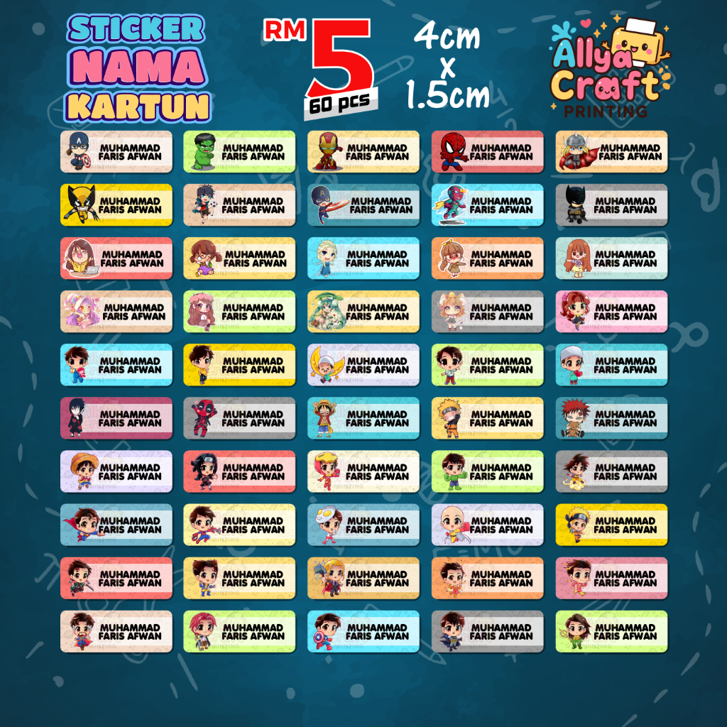 STICKER NAMA KARTUN / CARTOON STICKER UNTUK LABEL PERALATAN SEKOLAH ...