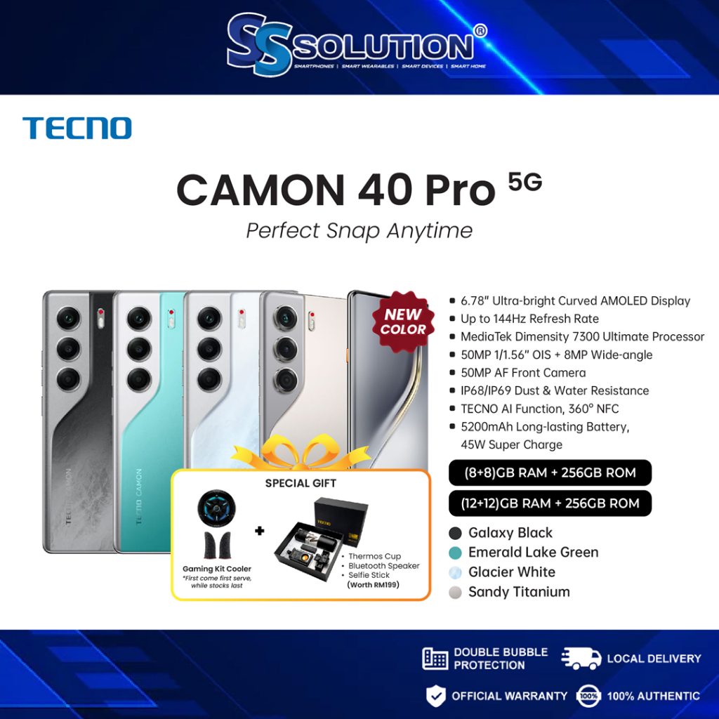 Tecno CAMON 40 Pro 5G (8GB+256GB/12GB+256GB) 6.78" Curved AMOLED display 144Hz l MediaTek ...