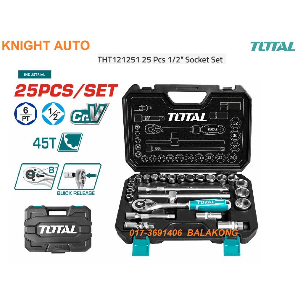 TOTAL THT121251 25 Pcs 6PT 1/2″ Socket Set Industrial Spark plug sockets Rachet handle 45T ...