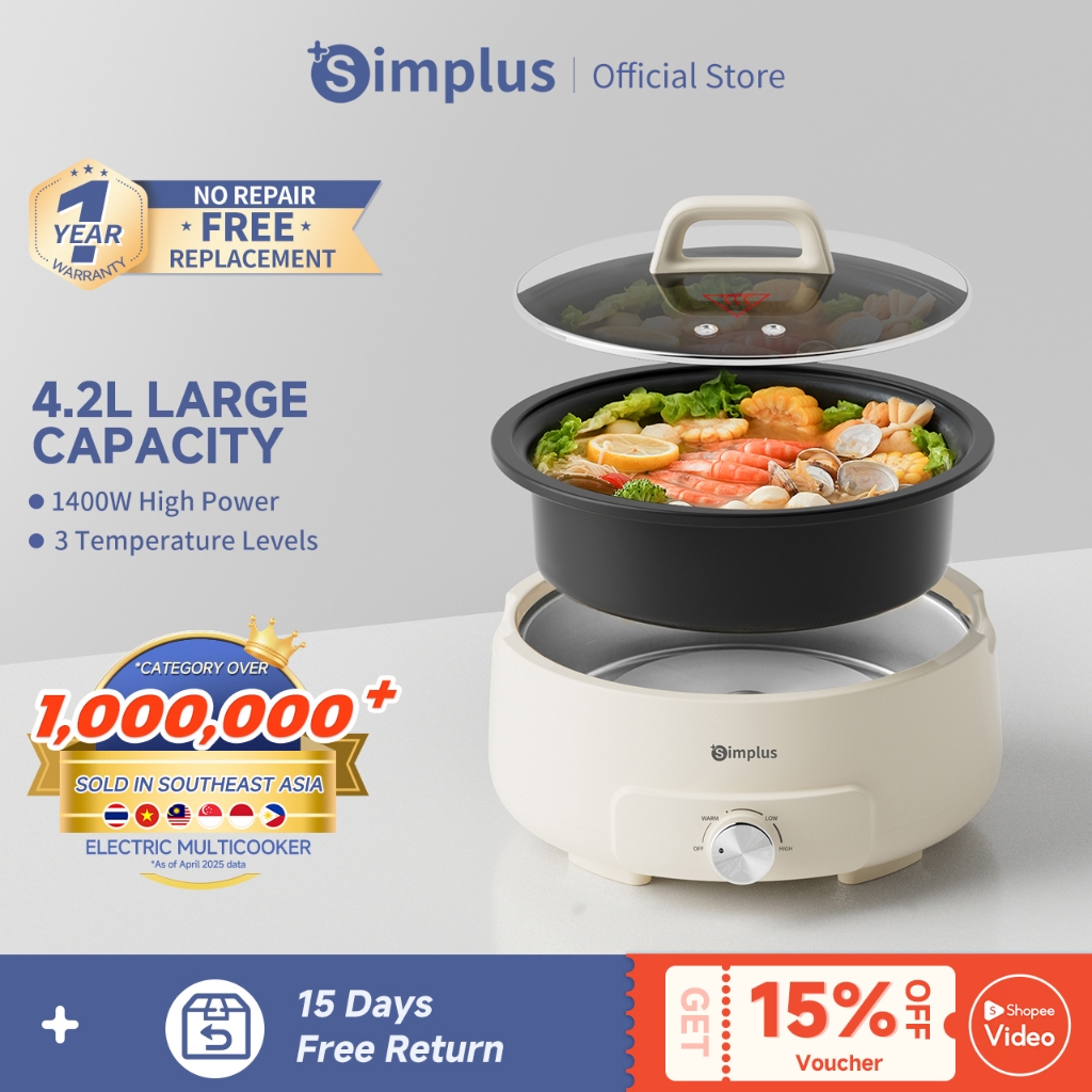 Simplus 4.2L Electric Hot Pot | 1400W High Power | 3 Temperature Levels | Non-Stick Coating ...