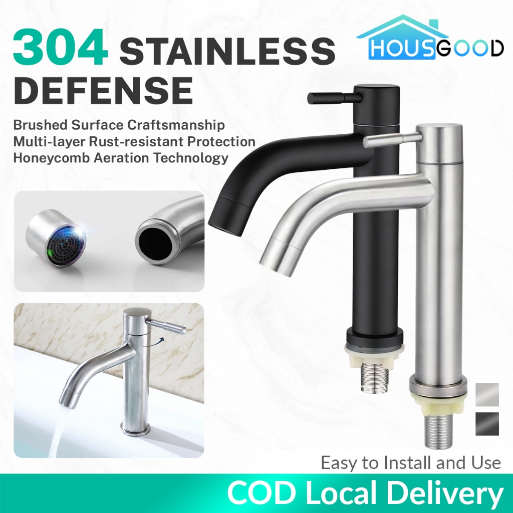 [HOUSGOOD] Basin Faucet SUS 304 Stainless Steel Bathroom Wash Basin Tap ...