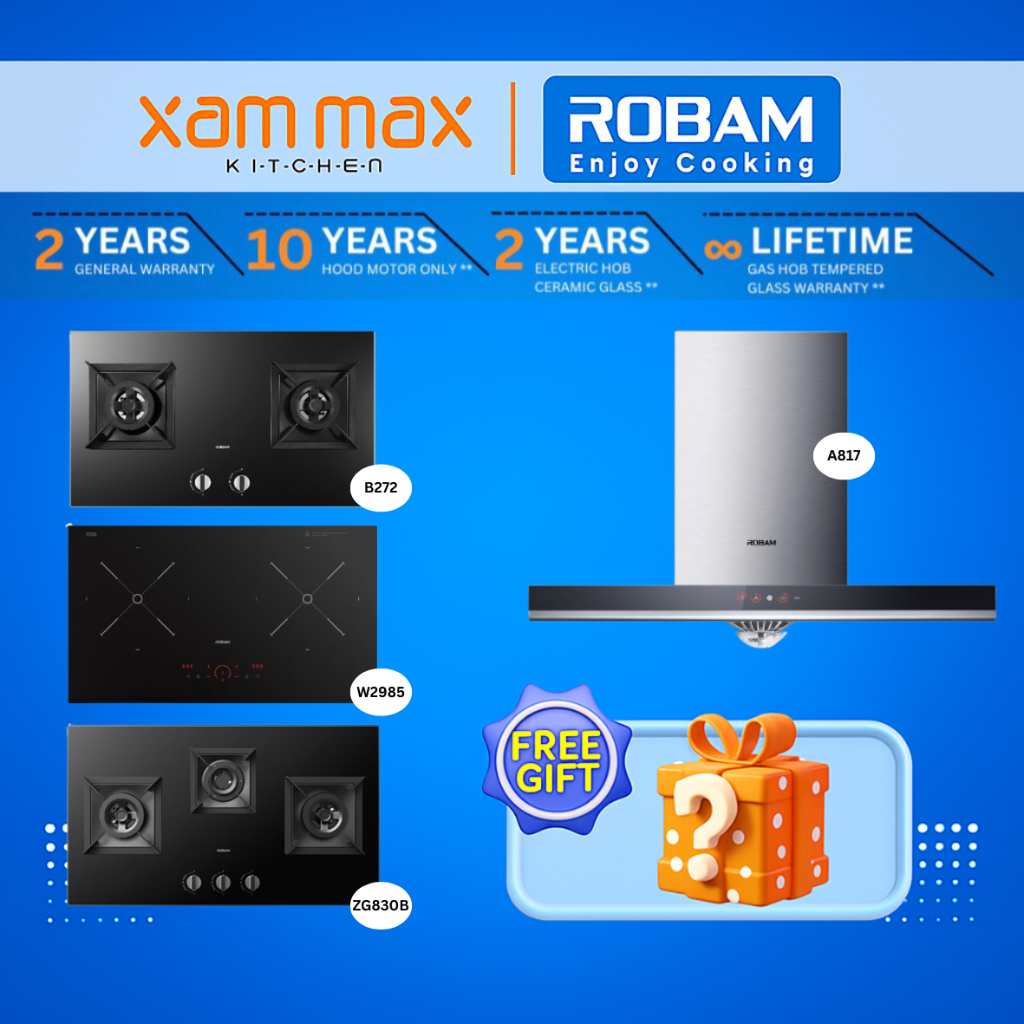 ROBAM Package Cooker Hood (A817) + Gas Hob (B272 / W2985 / ZG830B) Kitchen Stove COMBO SET ...