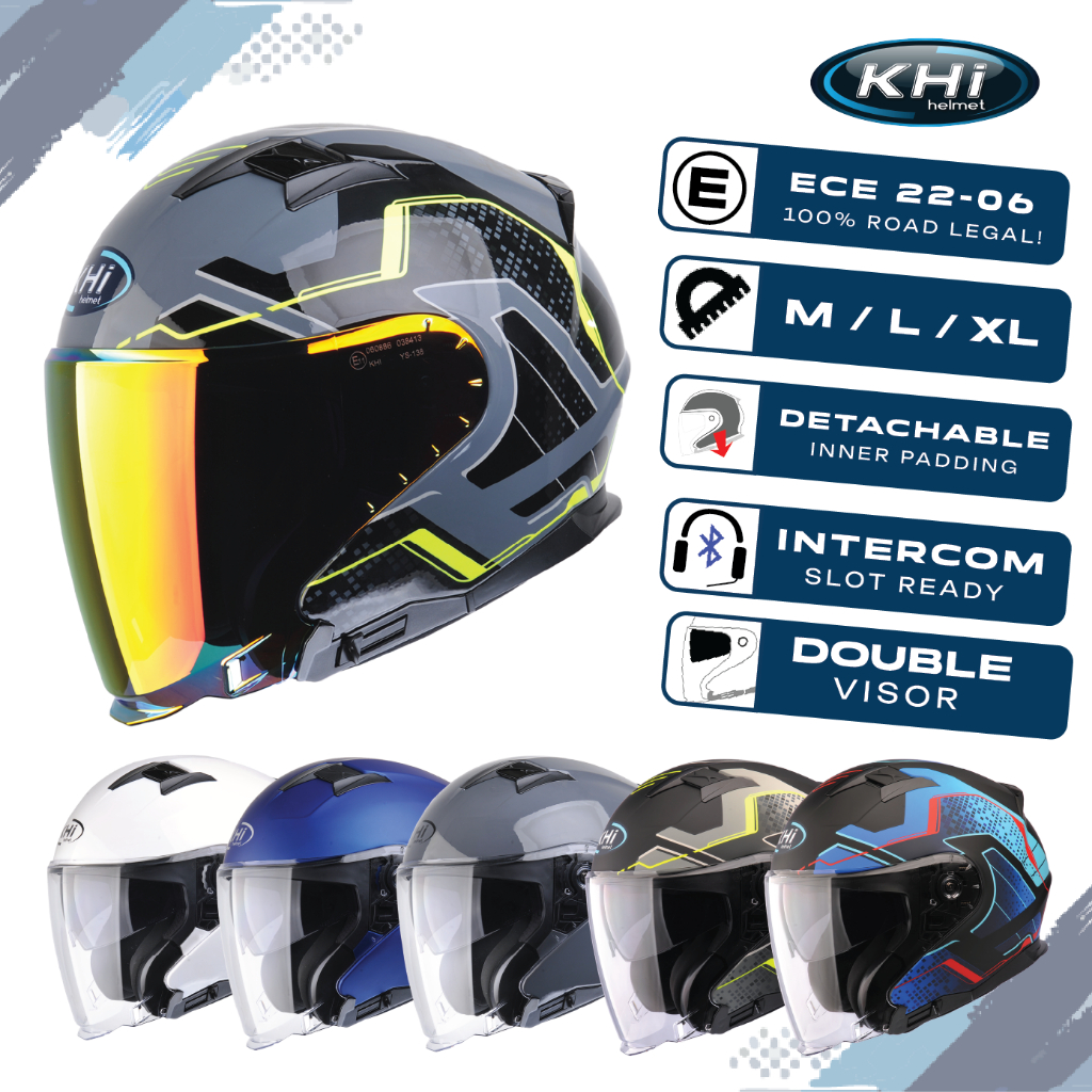 KHI K21DV Double Visor Motorcycle Jet Helmet | Open Face Helmet | ECE ...