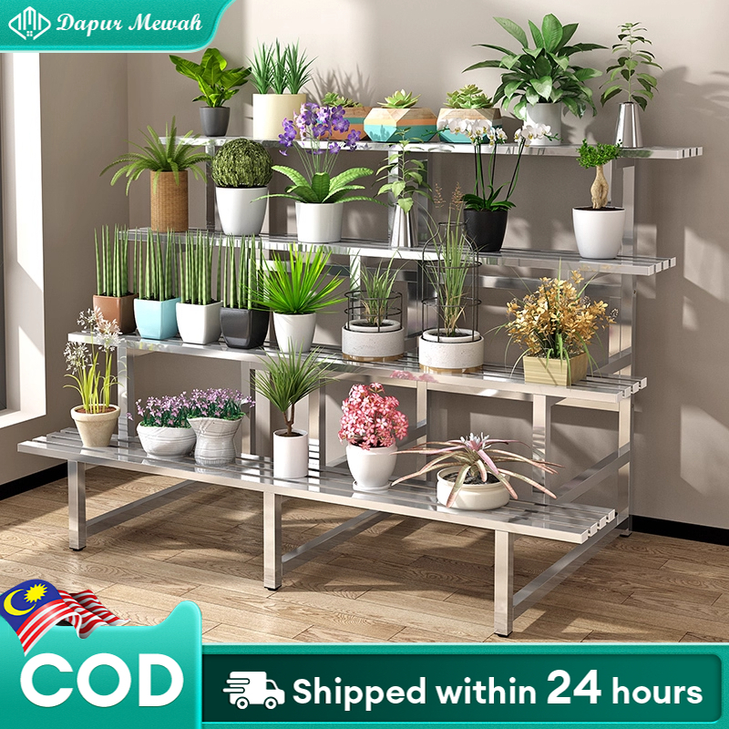 4 Tier Flower Rack Plant Rack Stainless Steel Outdoor Pots Garden Rak ...