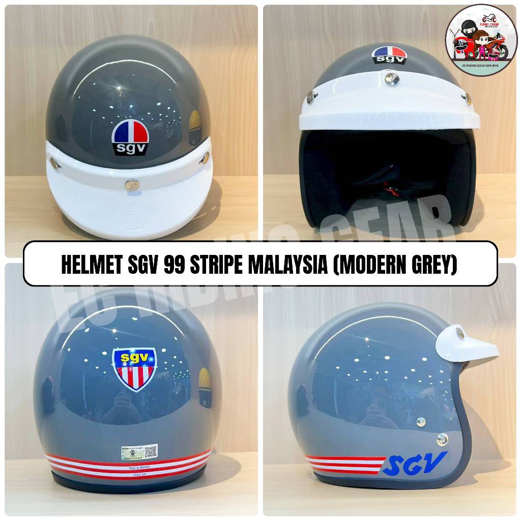 HELMET SGV 99 STRIPE MALAYSIA HALF FACE (MODERN GREY/WHITE) | Shopee ...