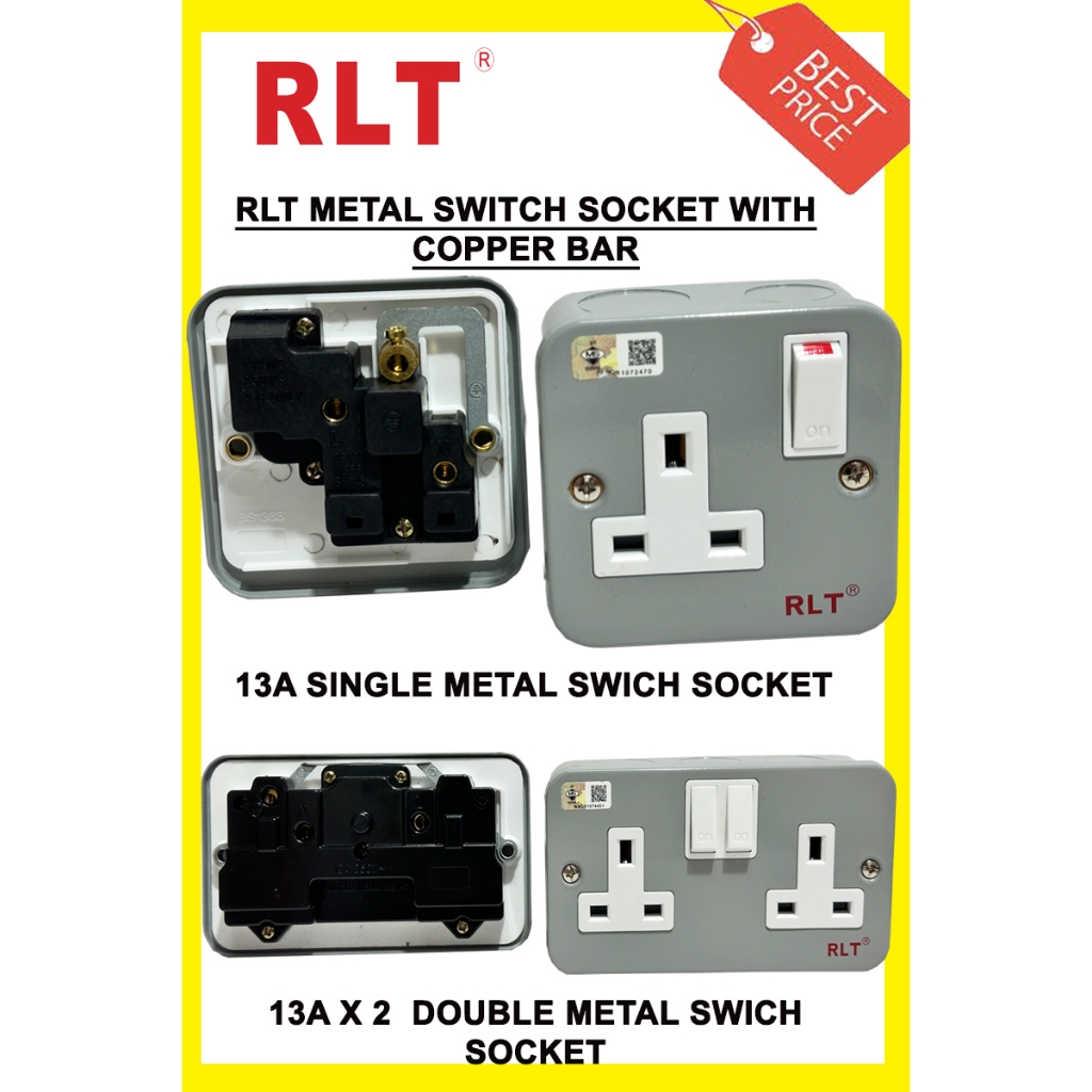 (SIRIM) 13AMP Metal Socket 13A Metal Clad Switched Socket DOUBLE SWITCH SOCKET / DOUBLE METAL ...