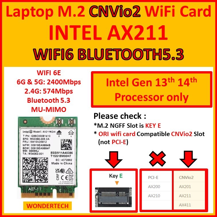 INTEL AX211 WIFI6E BLUETOOTH5.3 Laptop M.2 CNVio2 WiFi Card AX211NGW ...