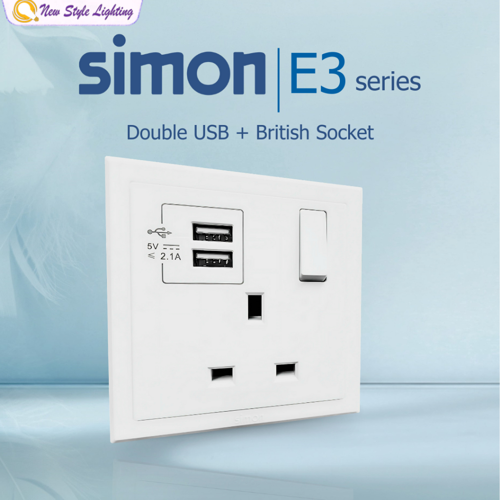 Simon E3 Series SIRIM 13A British UK + 2.1A USB White Socket Sockets ...