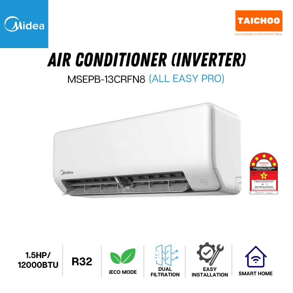 Midea Wall Mounted Air Conditioner Inverter - ALL EASY PRO (1.5HP/12000BTU) MSEPB-13CRFN8 ...