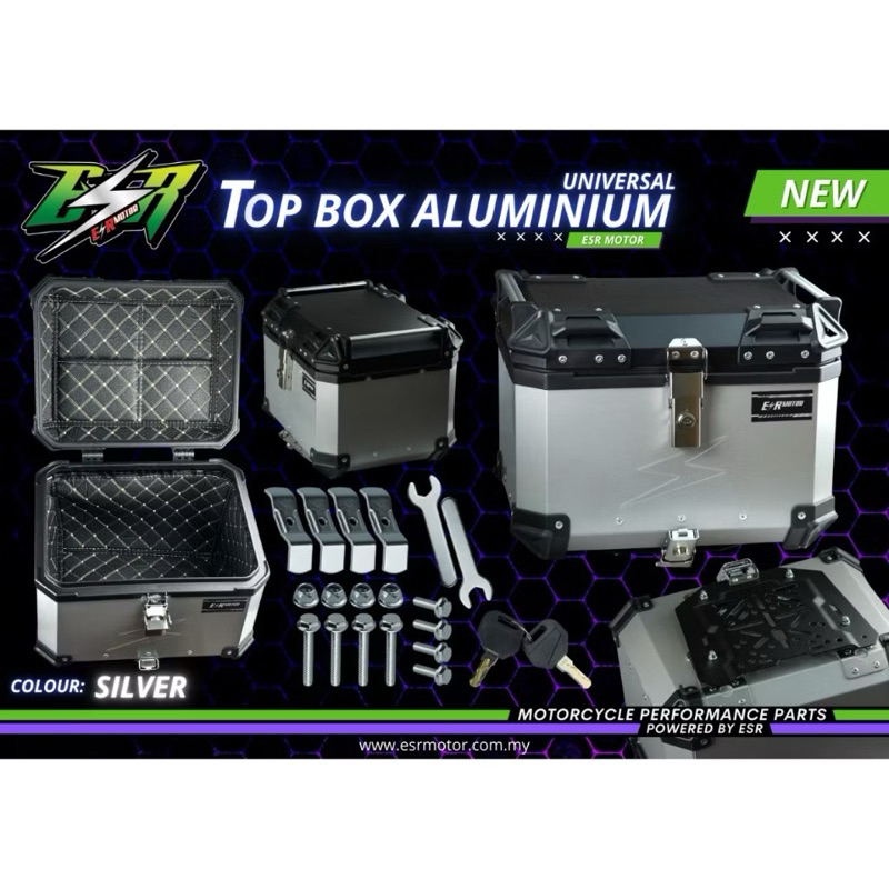 ESR MOTOR TOP BOX ALUMINIUM SILVER/BLACK 45L PREMIUM HIGH QUALITY 100% ...