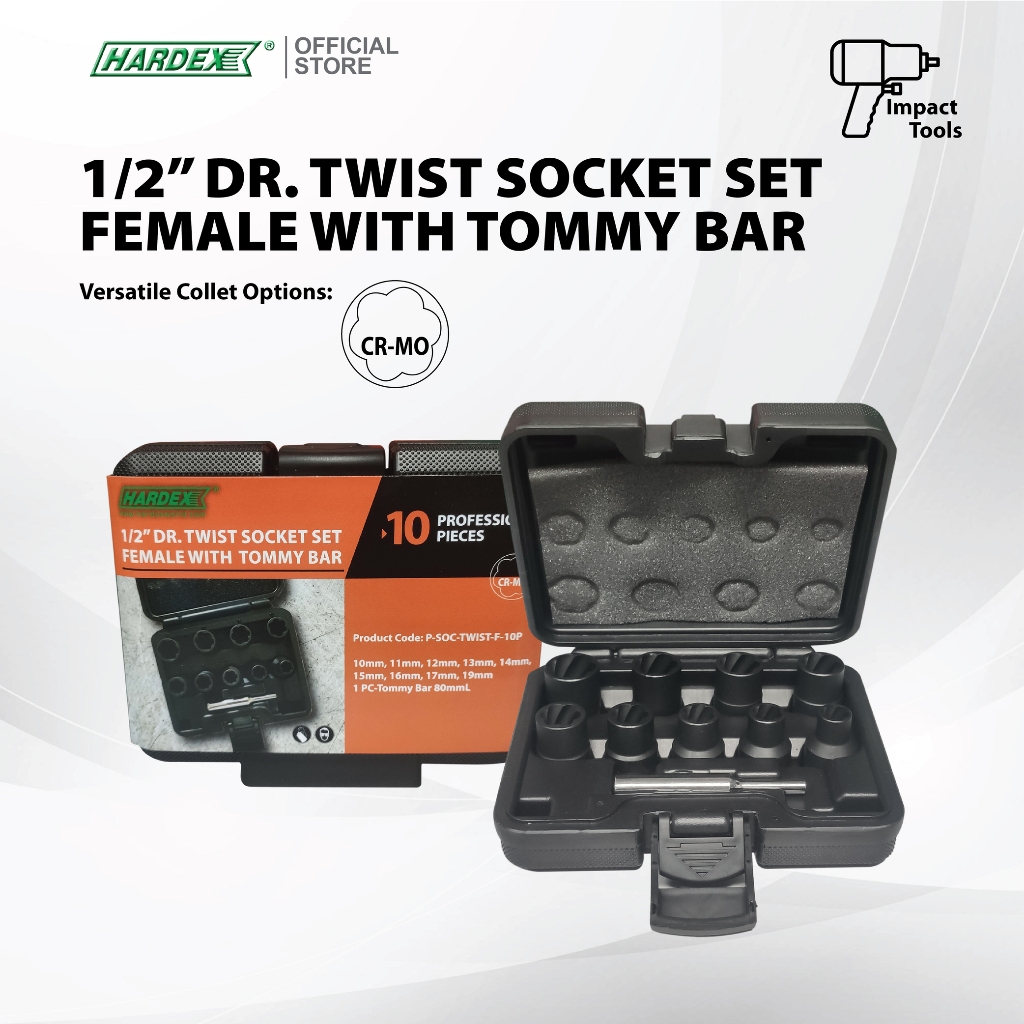 HARDEX 1/2” DR. Twist Socket Set Female with Tommy Bar (P-SOC-TWIST-F ...