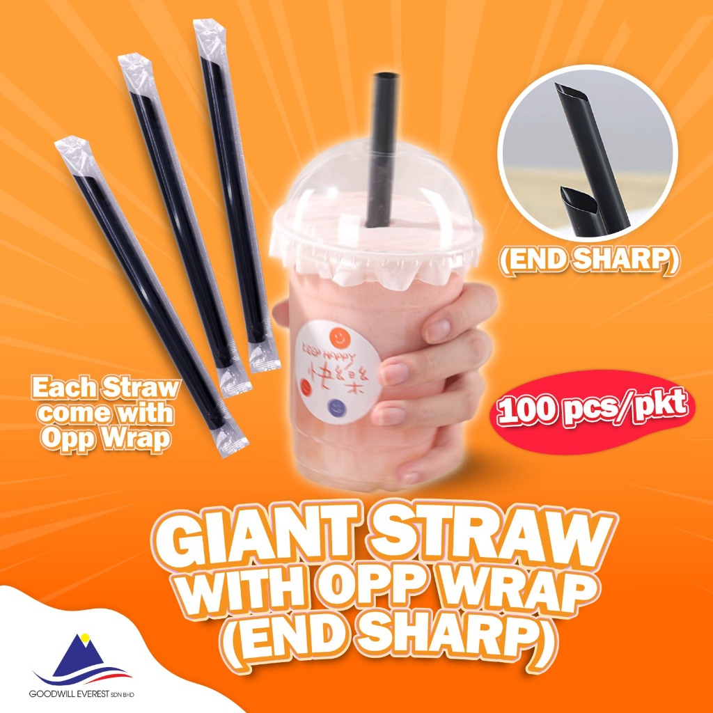 (100pcs+ ) 12mm X 180mm Black Giant Straw End Sharp with Plastic Wrap ...