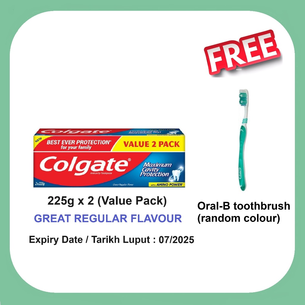 Colgate Toothpaste 225g x 2 (Value Pack) + FREE Oral-B Toothbrush 1pc ...