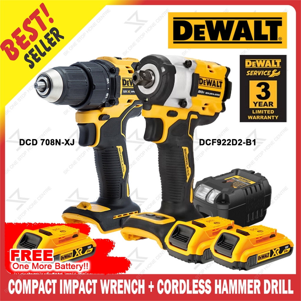 (100% Original)DEWALT COMPACT IMPACTWRENCH 20V DCF922D2-B1+DCD708N-XJ Reversible Drill Machine ...