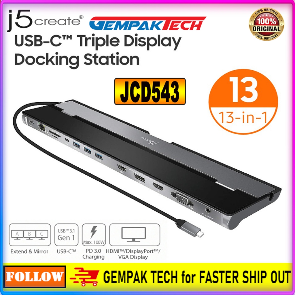 J5CREATE JCD543 USB Type-C Triple Monitors Display 13 in 1 Docking ...
