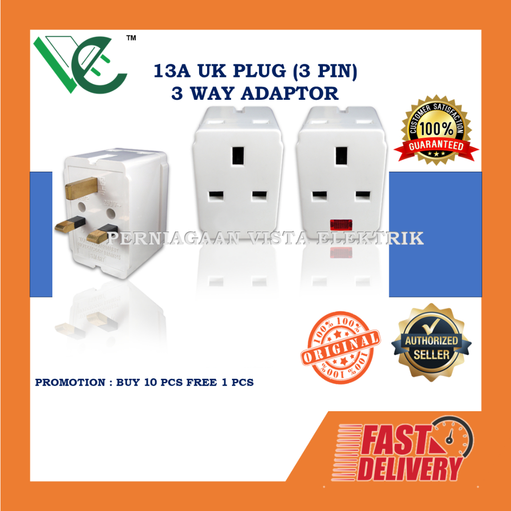 [HIGH QUALITY] 3 Way Adapter 13A 3 Pin Plug Adaptor Extension Socket ...