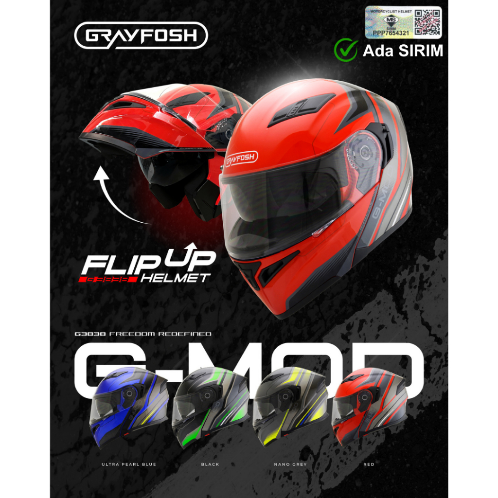 Grayfosh G3838 Modular Flip Up Helmet 2 in 1 Full Face Open Face Motorcycle Double Visor (Flip ...