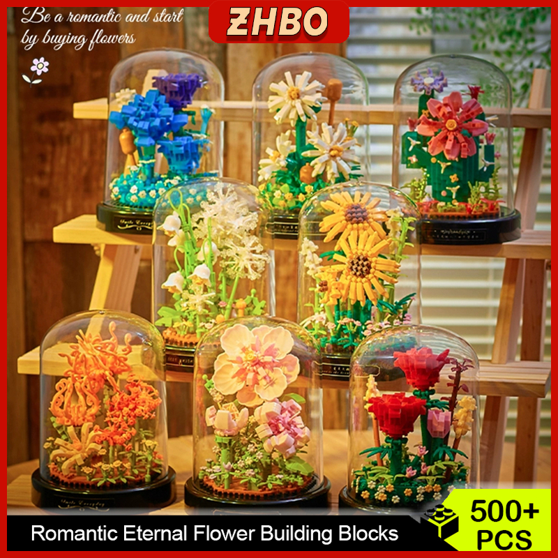 现货 盆栽花 Romantic Bunga Flower Building Blocks Hibiscus Flowers Rose ...