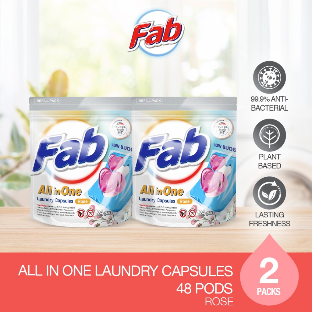[TWIN PACK] Fab All in One LOW SUDS Laundry Capsules Rose 24pcs Refill ...