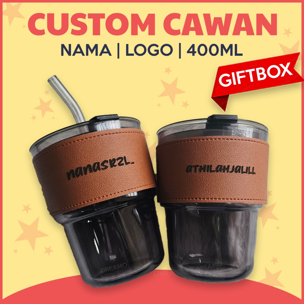 Glass Cup With Straw & Leather Cover Handle Laser Engrave Print Cawan ...