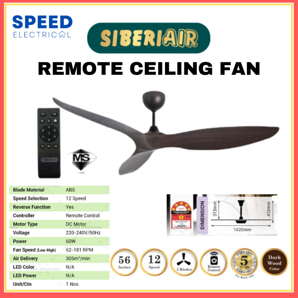 SIBERIAIR 56" REMOTE CONTROL CEILING FAN DECORATION FAN GARDEN FAN 风扇 ...