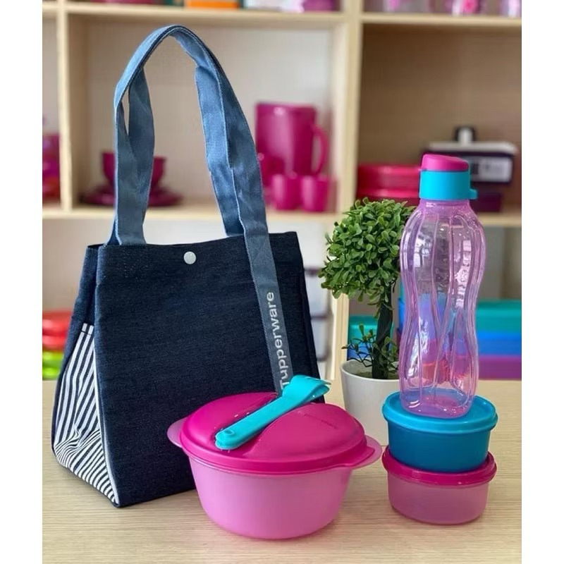 (7pcs) SAFE2GO set Tupperware with Elegant Denim Bag LUNCH SET BEKAL ...