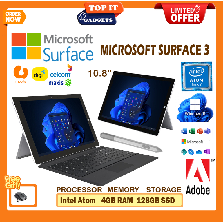 MICROSOFT SURFACE 3 INTEL ATOM X7-Z8700 PROCESSOR / 10.8" FHD SCREEN ...