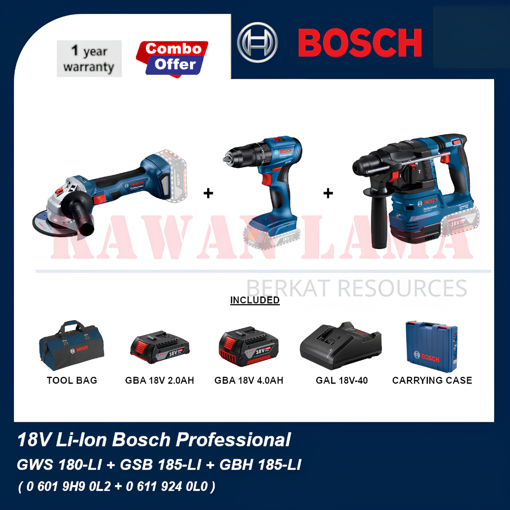 BOSCH PROFESIONAL [COMBO C] 18V GWS 180-LI + GSB 185-LI + GBH 185-LI ...