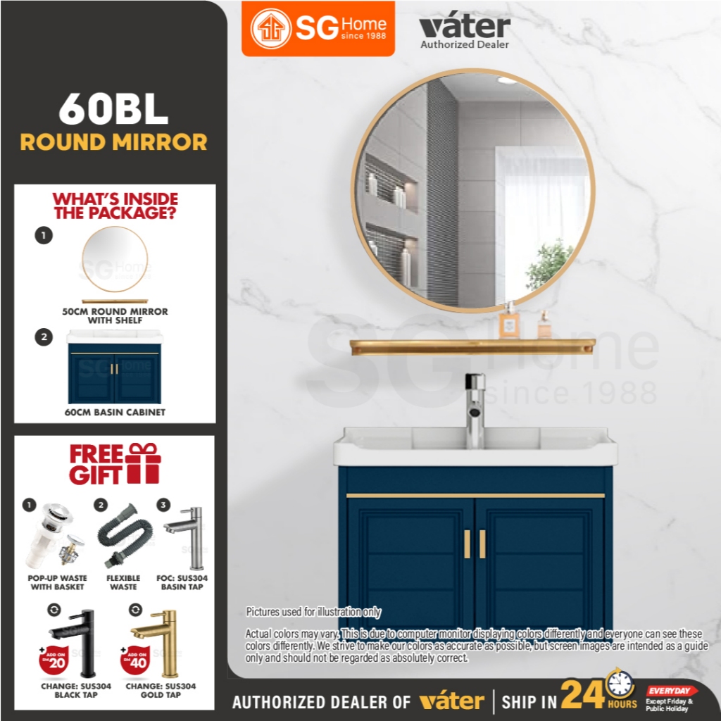 [READY STOCK] VATER 60BL Aluminium Bathroom Cabinet Ceramic Sink With Gold Round Mirror and ...